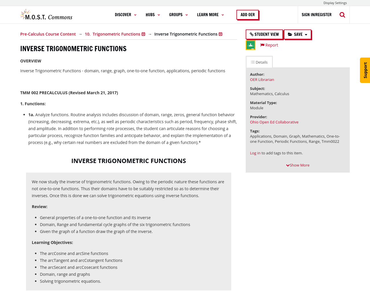 Pre-Calculus Course Content, 10. Trigonometric Functions, Inverse ...