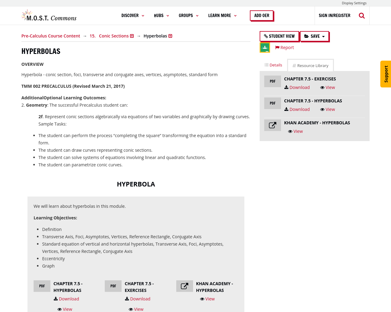 Pre-Calculus Course Content, 15. Conic Sections, Hyperbolas | Maryland ...